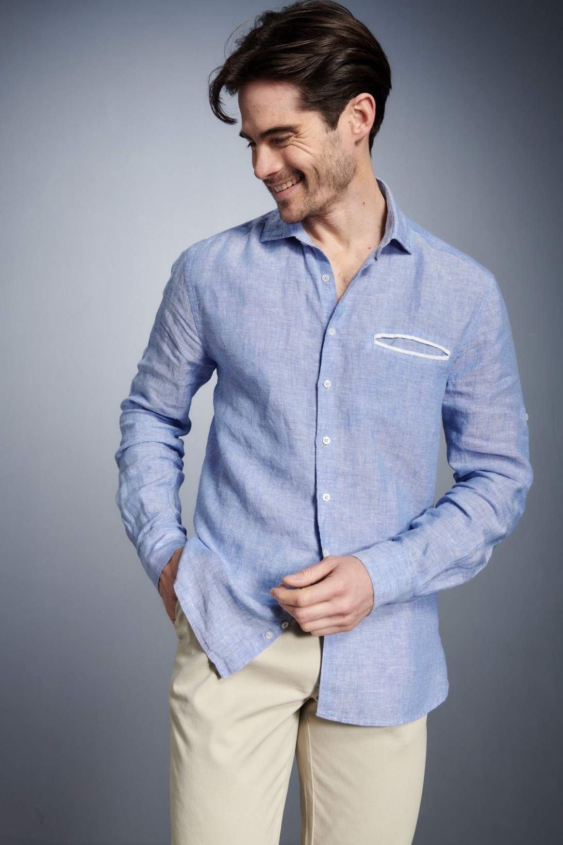Chemise Lin Bleu à Poche